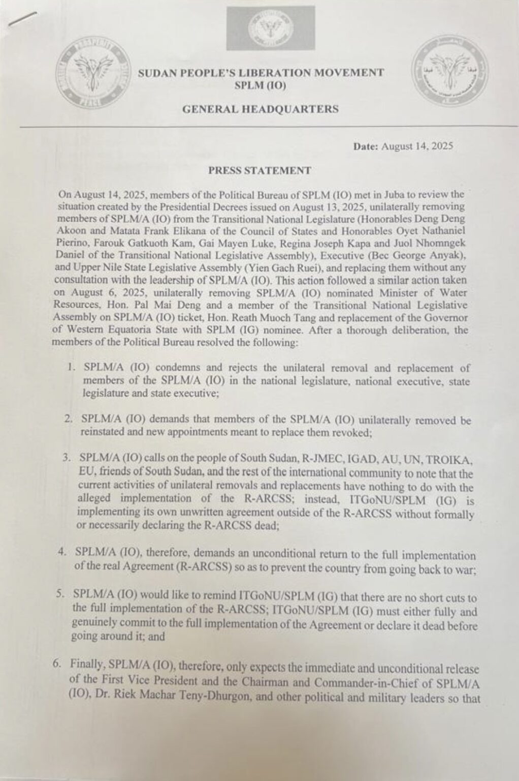 SPLM-IO condemns Kiir's unilateral removal of its officials from government, demands ...